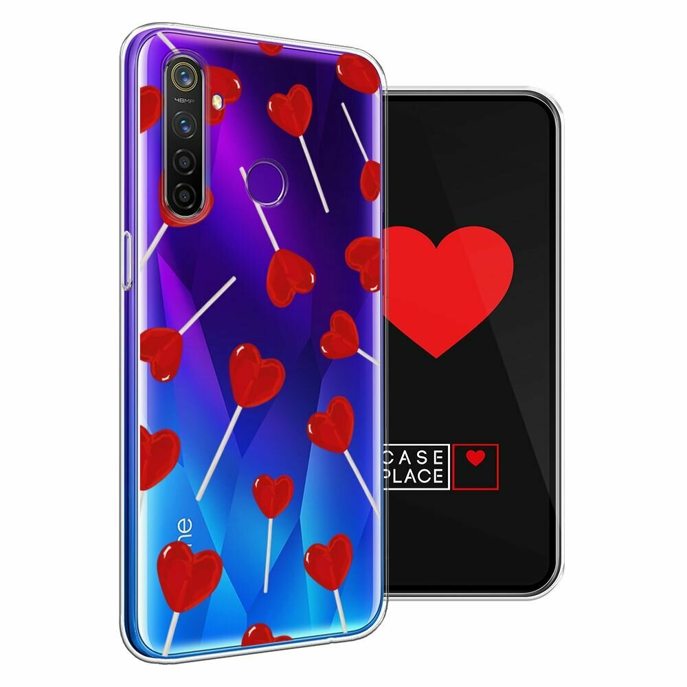 Чехол на Realme 5 Pro / Реалми 5 Про с принтом "Сердечки-леденцы 2 - 14 февраля", прозрачный — фото 1