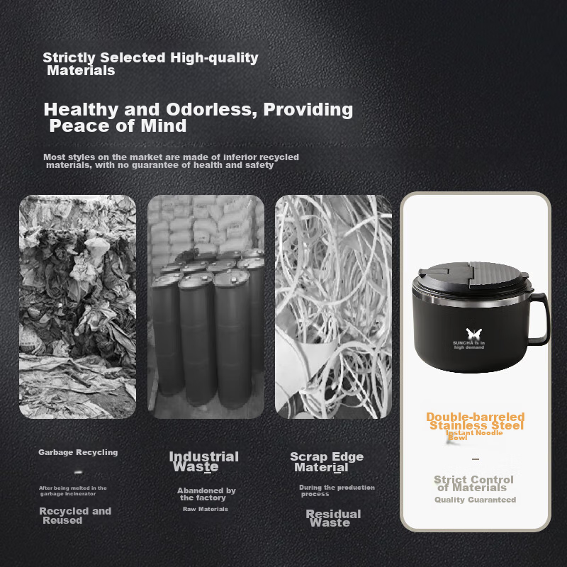 Suncha 304 Stainless Steel Ramen Bowl with Lid, Instant Noodle Draining Lunch Box, Large Capacity, Office Gift, Includes Tableware