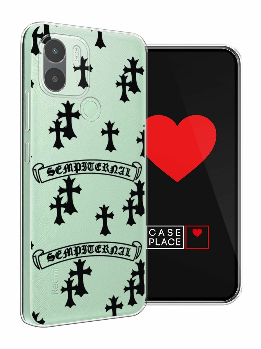 Чехол на Xiaomi Redmi A1+/Redmi A2+/Poco C51/C50 / Редми A1+ с принтом "Кресты паттерн чёрный", прозрачный — фото 1
