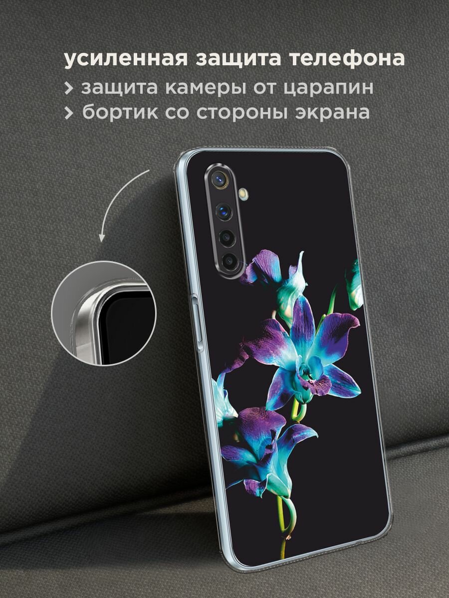 Чехол на Realme 6 / Реалми 6 с принтом "Синий цветок на черном" — фото 1