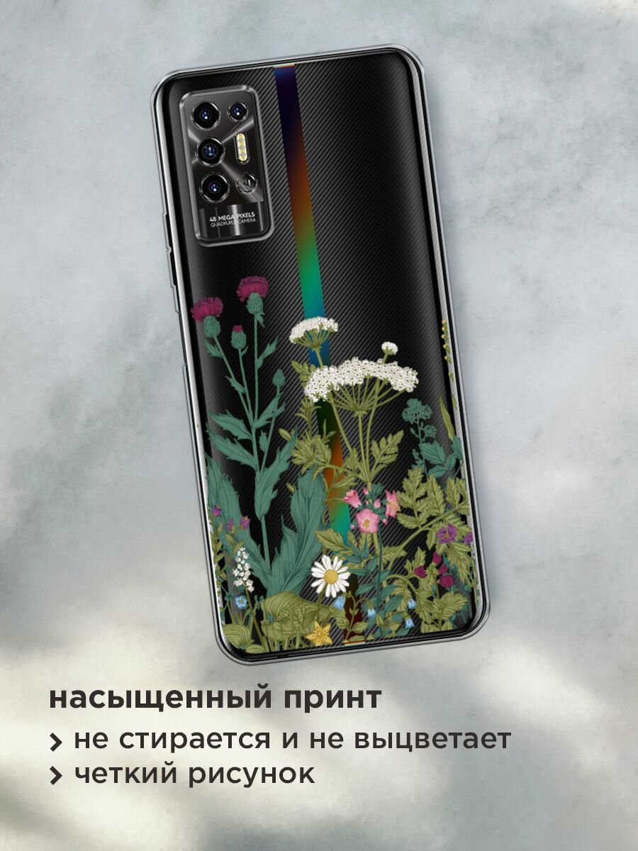Чехол на Tecno Pova 2 / Текно Пова 2 с принтом "Дикие полевые цветы", прозрачный — фото 1