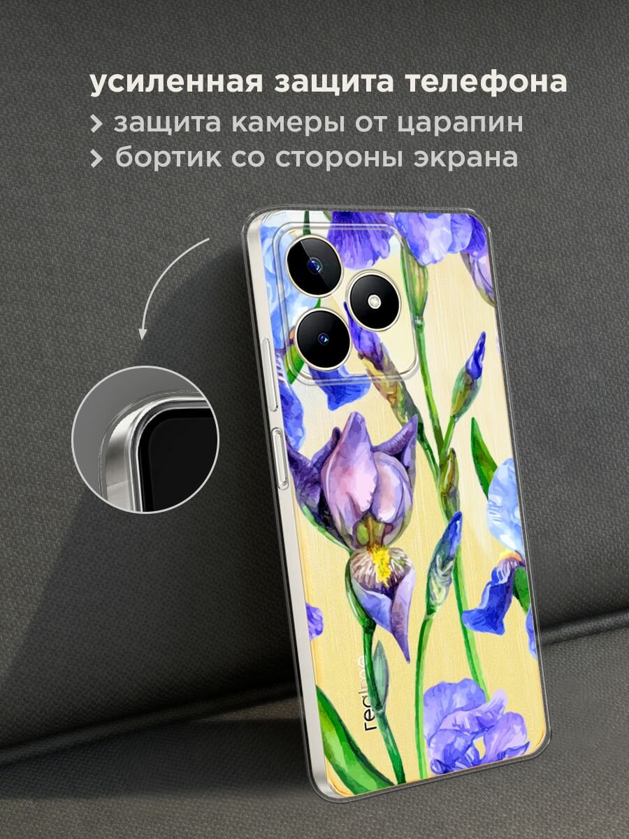 Чехол на Realme C53/C51 / Реалми С53/С51 с принтом "Синие ирисы", прозрачный — фото 1