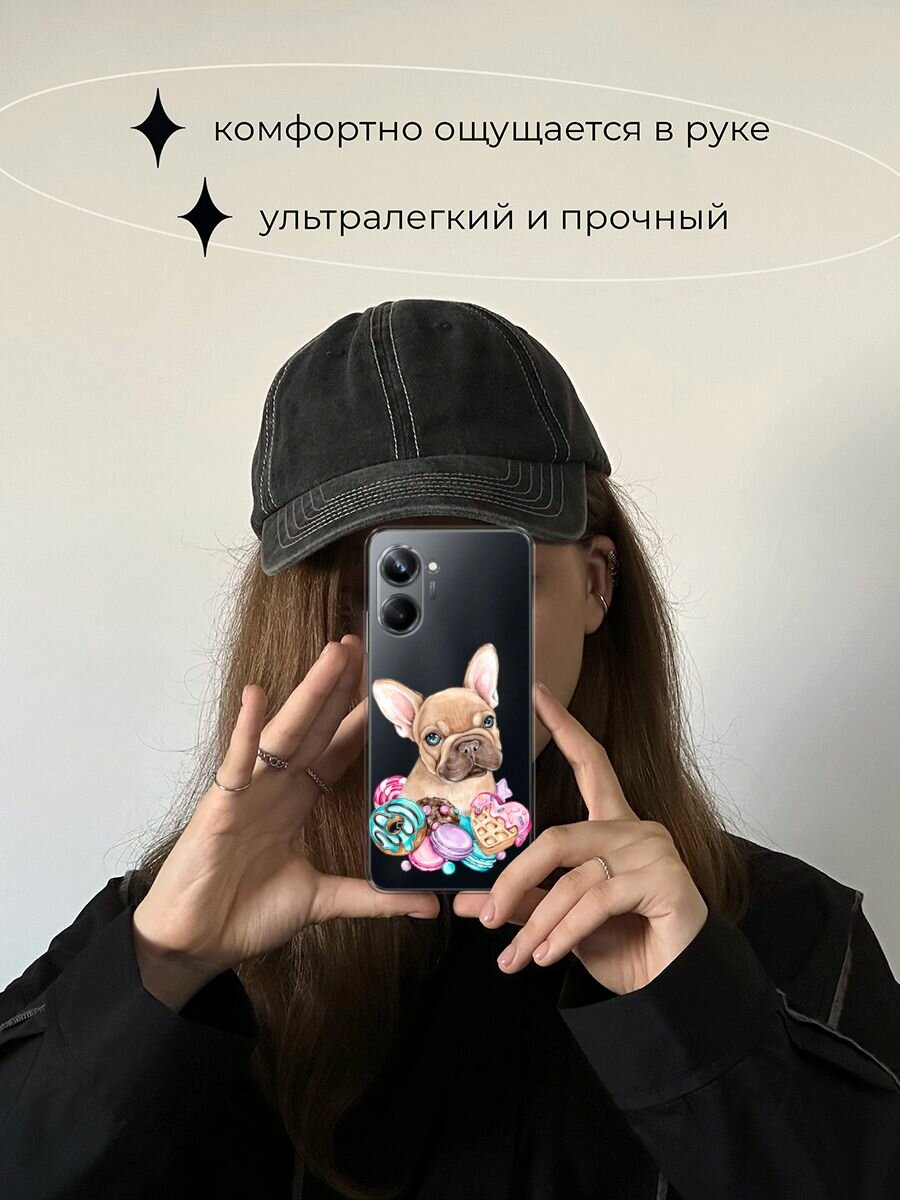 Чехол на Realme 10 Pro / Реалми 10 Про с принтом "Бульдог и сладости", прозрачный — фото 1