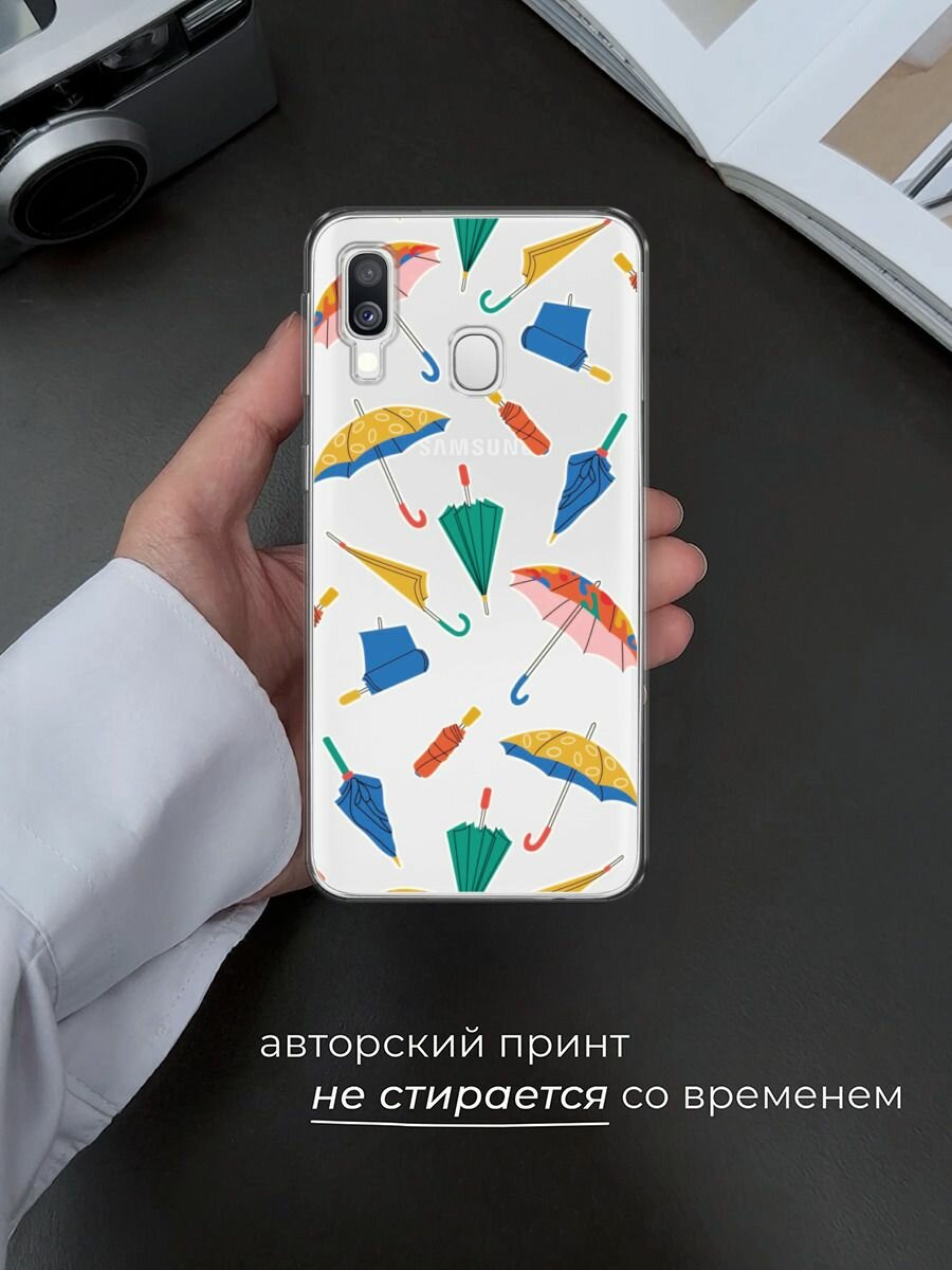 Чехол на Samsung Galaxy A40 / Самсунг Галакси А40 с принтом "Зонты паттерн", прозрачный — фото 1
