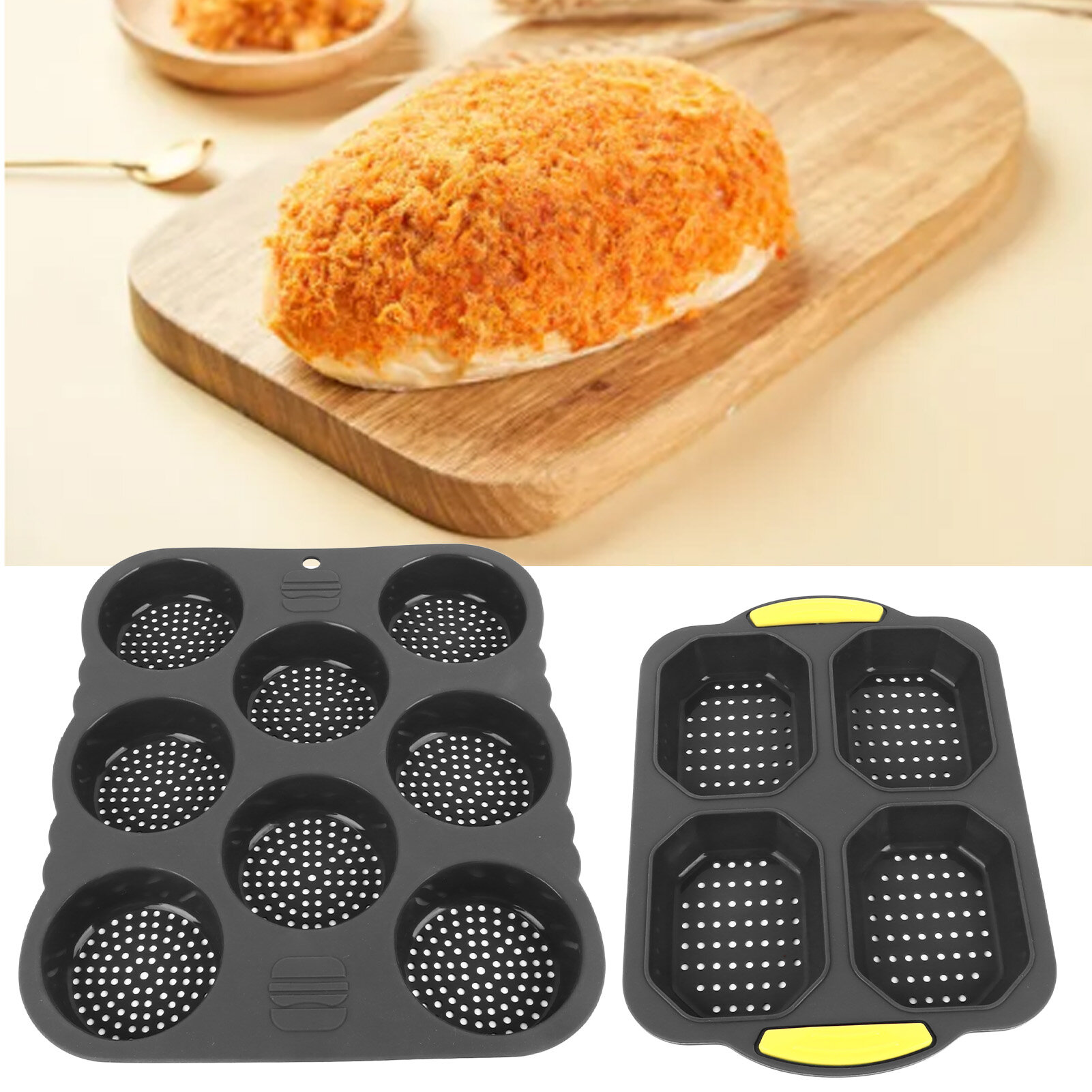 8 Cavity Silicone Hamburger Bread 4 Cavity Silicone Baguette Pan для выпечки хлеба в печах, микроволновках, посудомоечных машинах, холодильниках, размер 29.8x25.5x3cm и 25.5x18.2x2.5cm, материал силикон, вес 335g, комплект из 2 штук