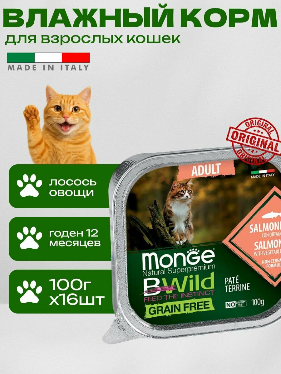 Monge Консервы BWild GF Adult Cat (Лосось, овощи), 100 г х 16 шт