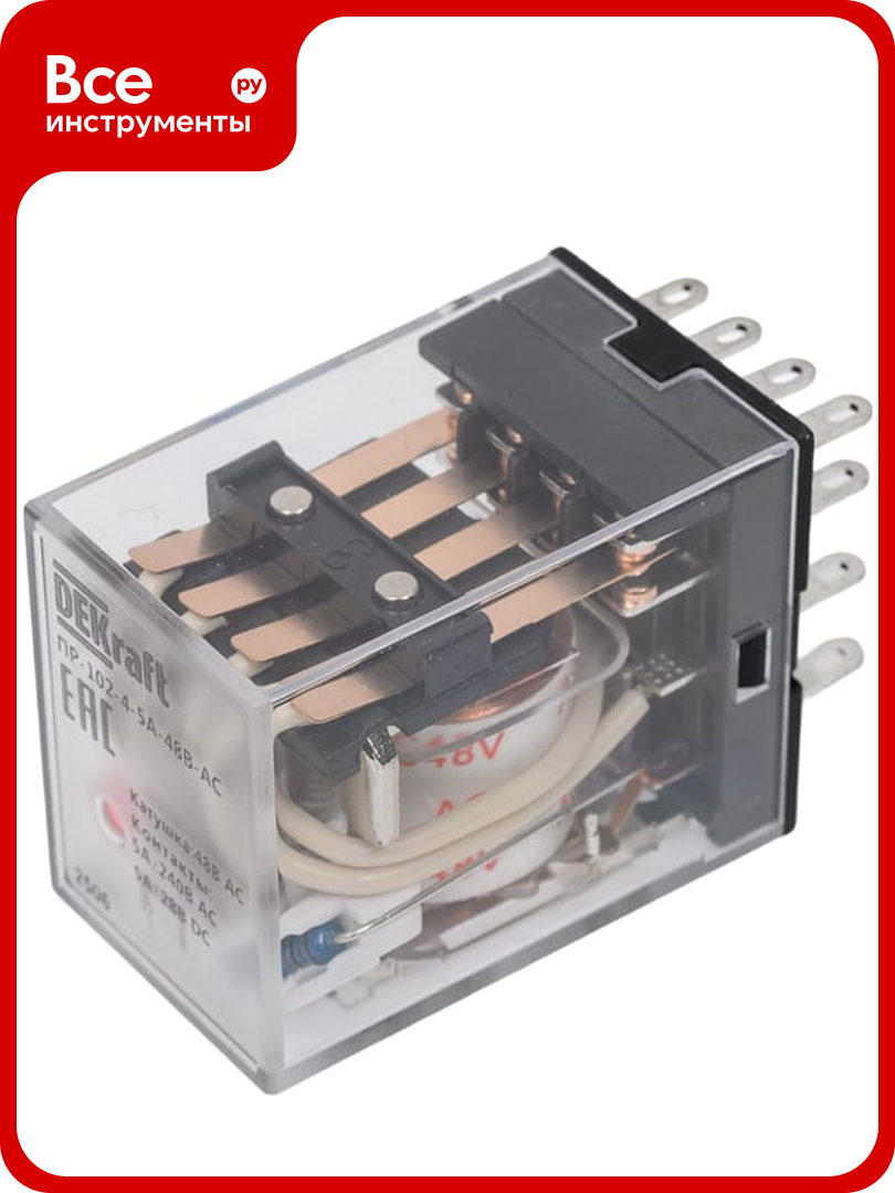 Промежуточное реле DEKraft 4 контакта, с led индикацией, 5а, 48в ac, пр-102 23897DEK, 5 а