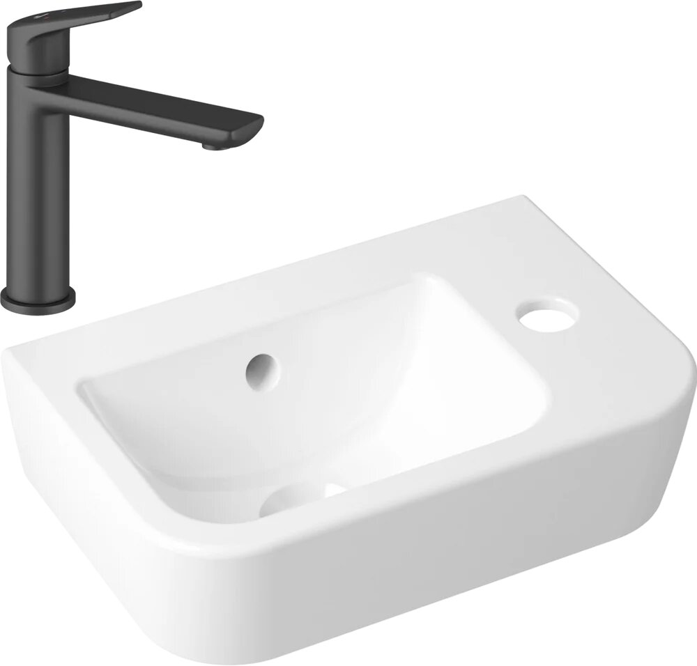 Комплект 2 в 1 Раковина маленькая Lavinia Boho One 33310001R 37 глянцевая белая / Смеситель Wellsee ICON! for life 182302000, матовый черный