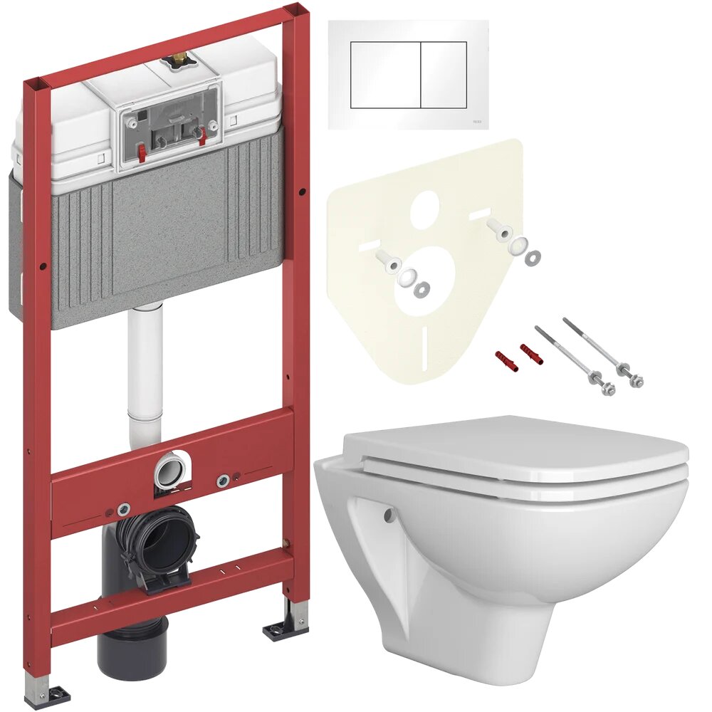 Комплект 3 в 1 Унитаз подвесной DIWO Сочи 7508N003-0079 безободковый / Сиденье Yakut 0344 быстросъемное, с микролифтом / Инсталляция с кнопкой TECE Base 9400413 цвет белый