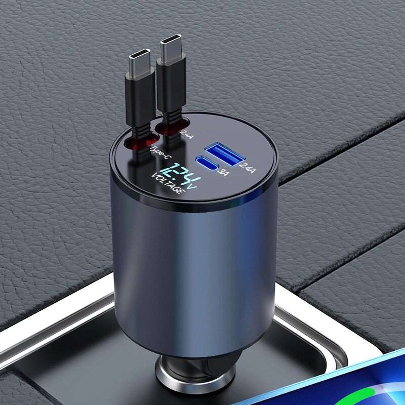 Металлический 4-в-1 автомобильный зарядник, супер быстрая зарядка, выдвижной кабель, порт прикуривателя, автомобильный зарядник PD 30W, гибкий