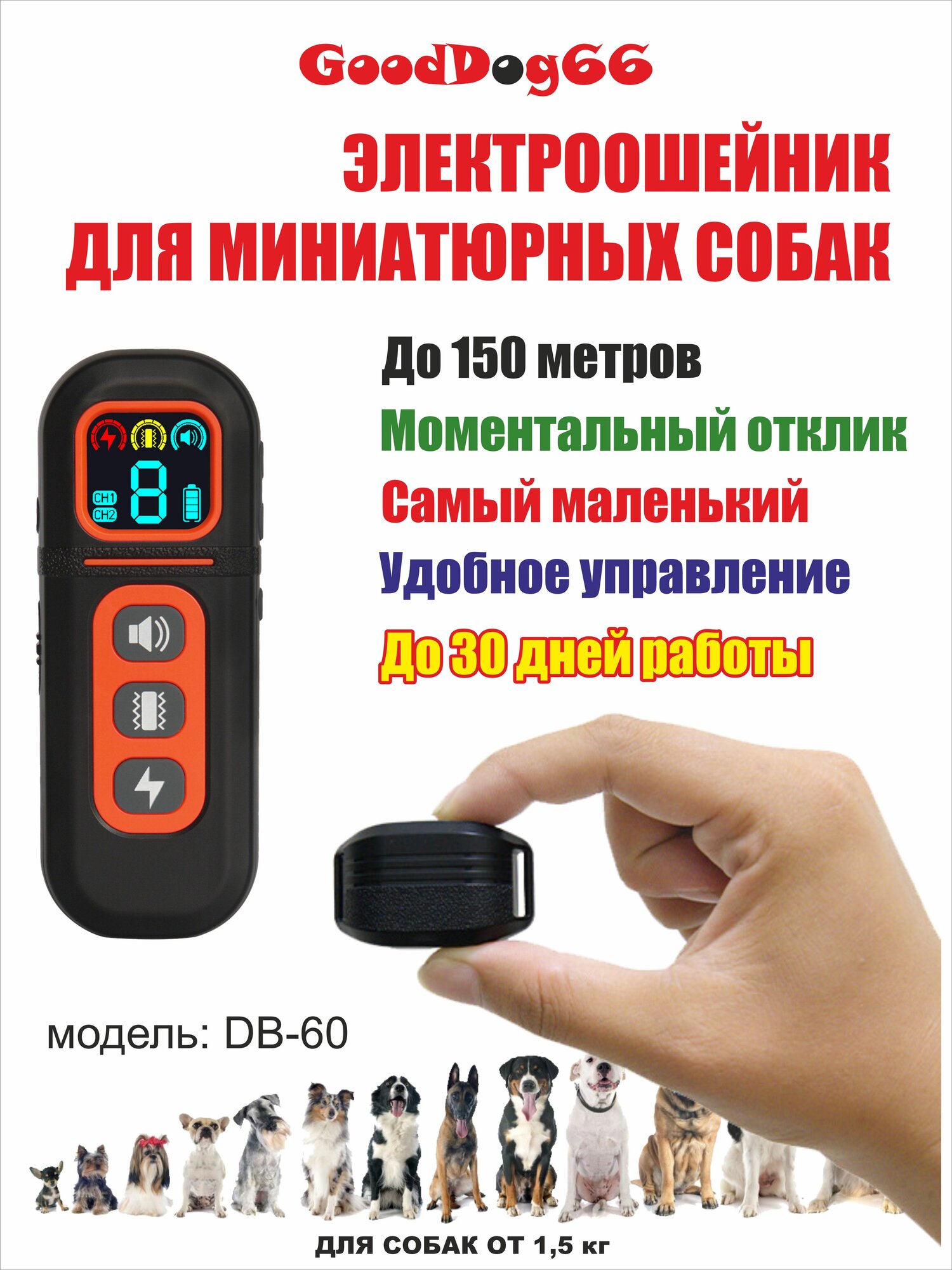 Миниатюрный электронный ошейник для дрессировки DB-60, для собак и кошек