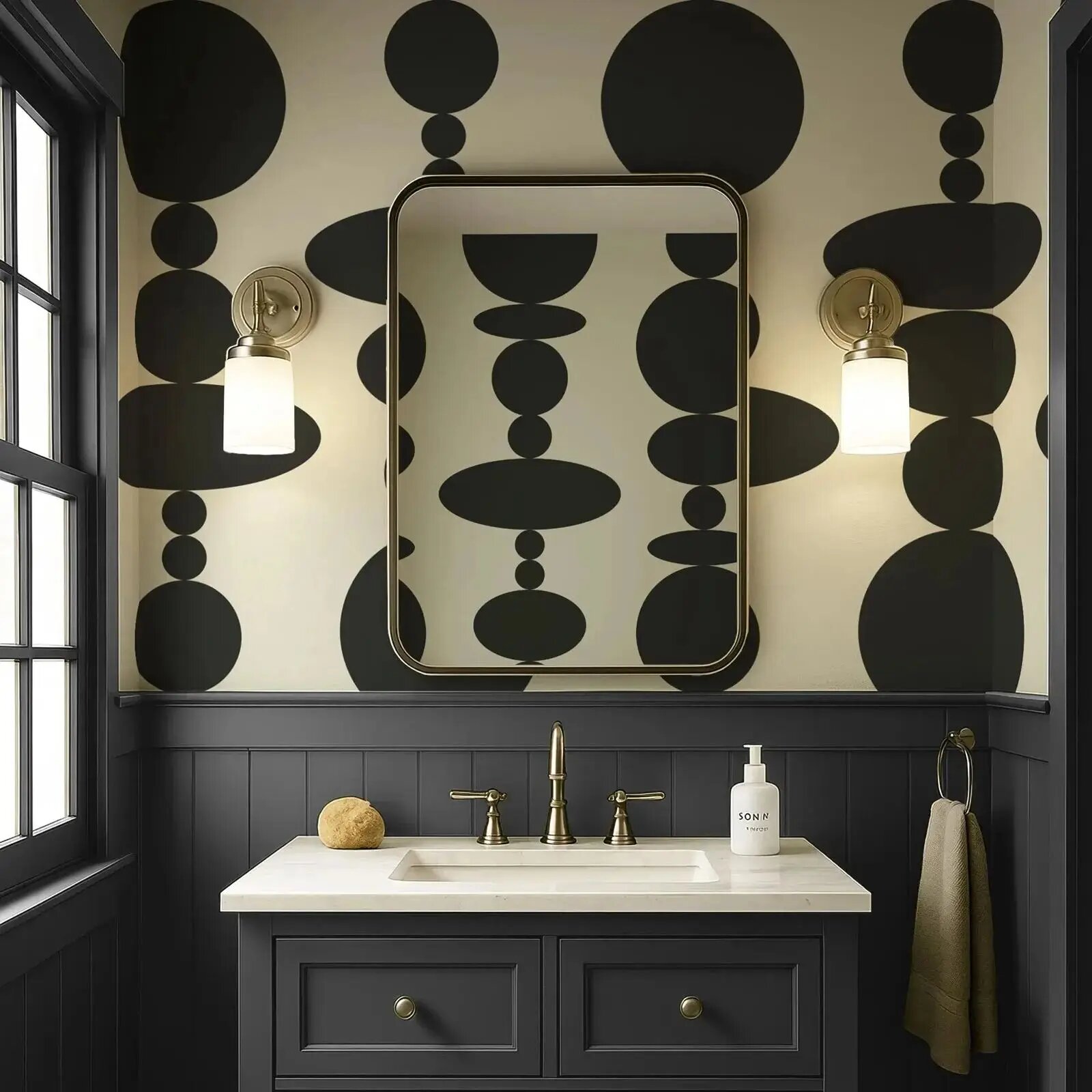 Abstract Round Shape Peel and Stick Wallpaper in Black and White, Retro Vibe Self-adhesive Or Traditional Wall Decal, Bold Shape