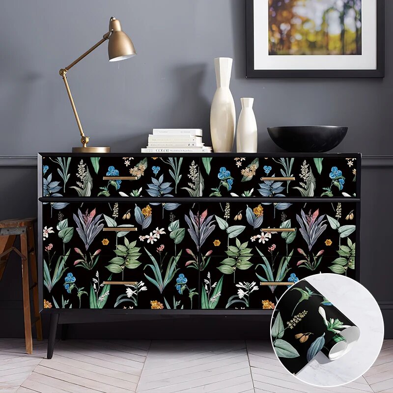 Самоклеящиеся обои JIFFDIFF, черные и зеленые цветы и листья, ПВХ