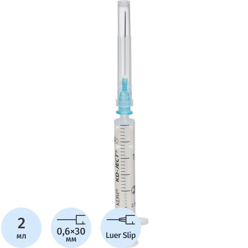 Шприц 2-комп. однораз. 2мл LS 23G(0,6x30) прил. 100шт/уп KD-Ject