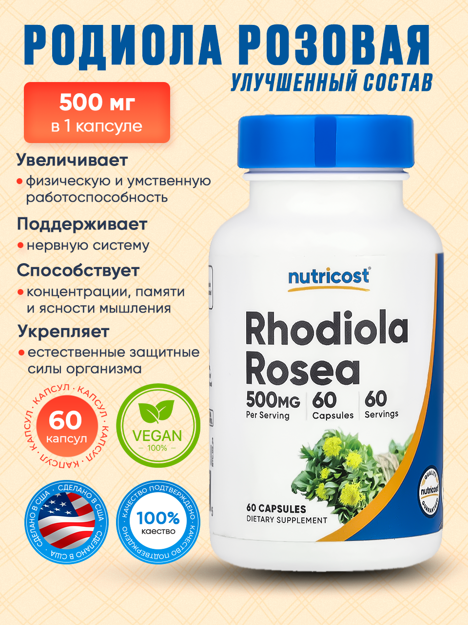 Родиола розовая 500 мг, 60 капс / Против стресса и усталости, для энергии и концентрации