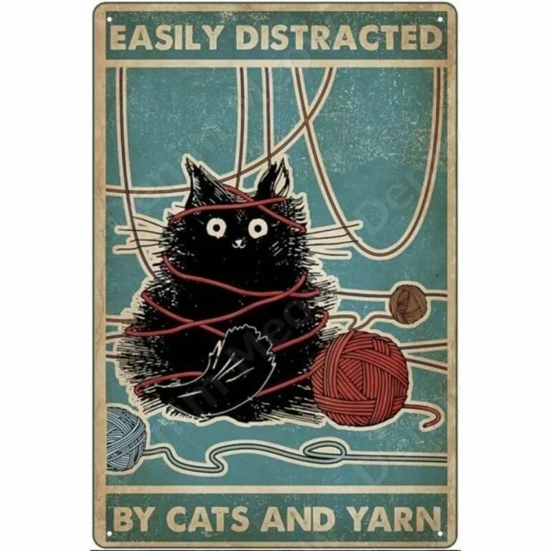 Табличка черный кот с пряжей "Easily Distracted By Cats And Yarn", ретро стиль, металл, декор для интерьера, 20х30 см.