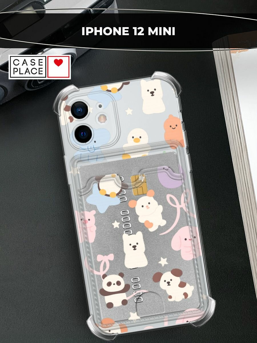 Чехол на Apple iPhone 12 mini (Айфон 12 Мини) с картой и принтом Детеныши животных паттерн