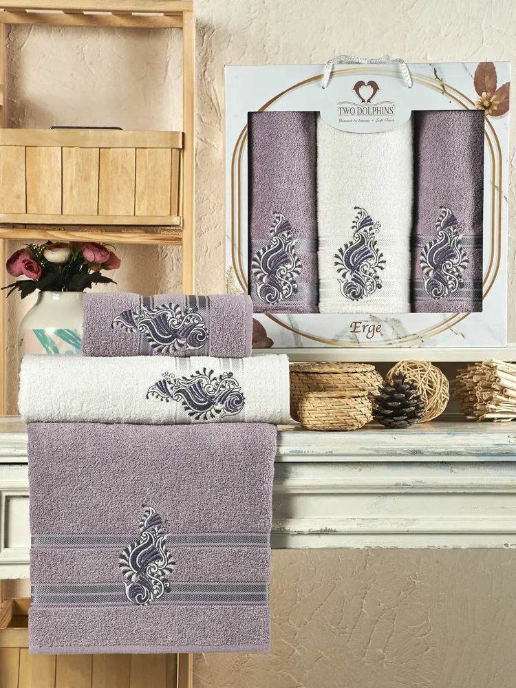 Набор полотенец Эрге (ERGE) брусничный махровые хлопок (50х90см-2, 70х140см-1) 3шт. TWO DOLPHINS