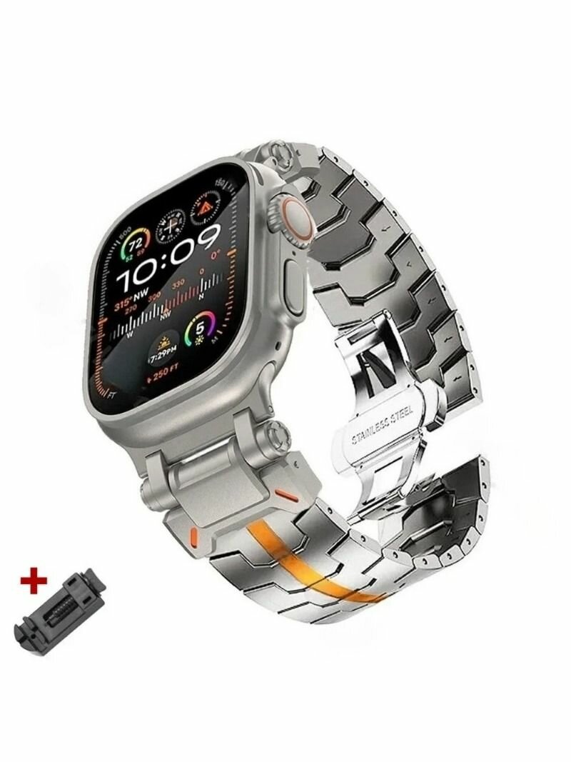 Подходит для Apple Watch Ultra 1/2 49 мм титанового ремня из нержавеющей стали; IWatch 9 8 7 серии 45 мм; IWatch6 5 4 SE серии 44мм; Мужский роскошный механический ремень