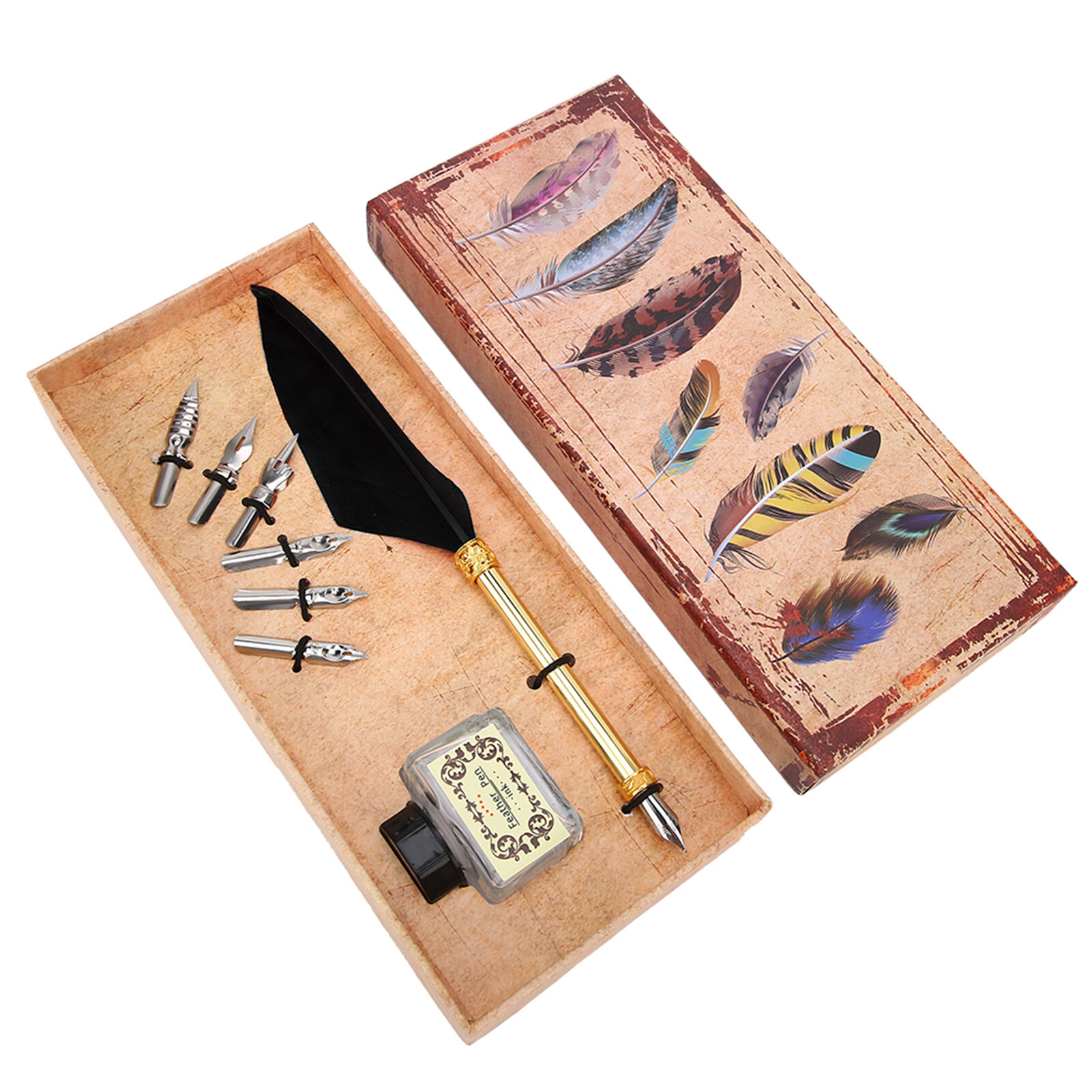 Vintage Simple Style Calligraphic Feather Pen Kit Student Gift Box for Christmas BirthdayBlack