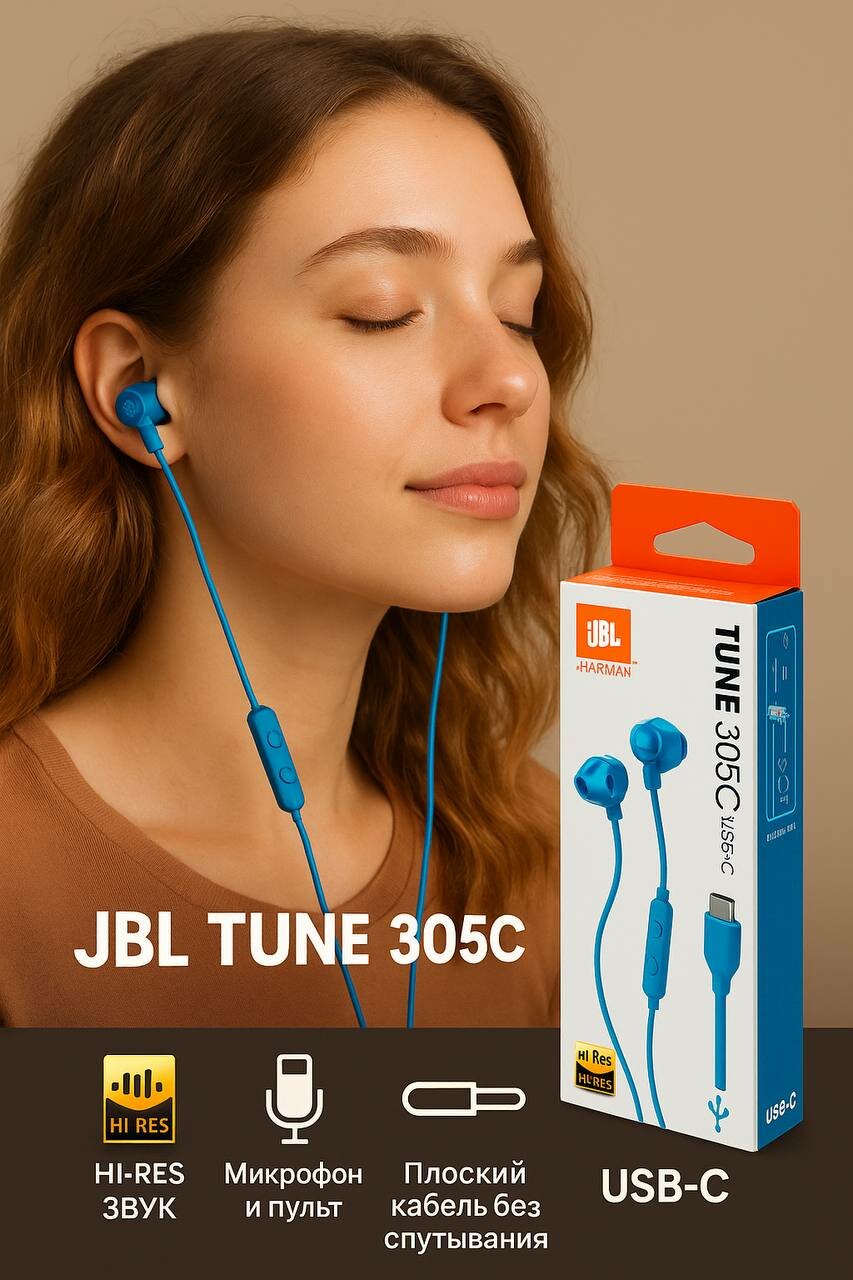 Проводные наушники JBL Tune 305C, синий ( JBLT305CBLU)