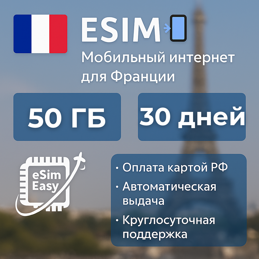 ESIM, 50 гб на 30 дней, для интернета во Франции, для телефона и планшета, 5G, 4G, 3G, электронный ключ