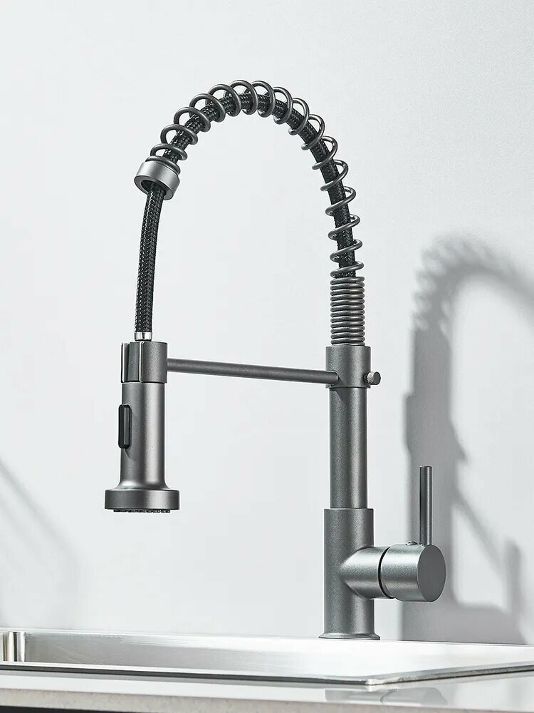 Кухонный смеситель с выдвижным гибким изливом, матовый черный, гибкая подводка в комплекте, два режима