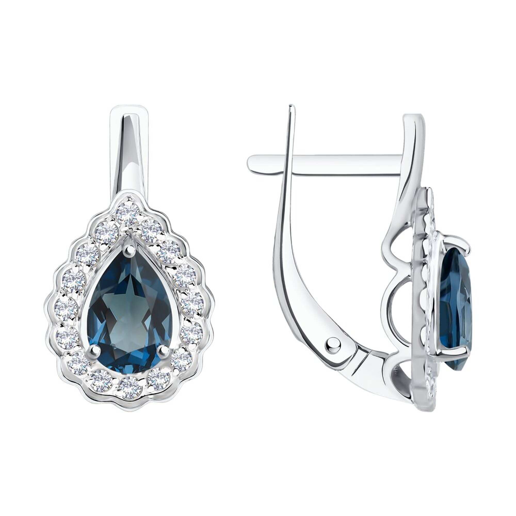 Серьги, белое золото, 585 проба, фианит, Лондон топаз