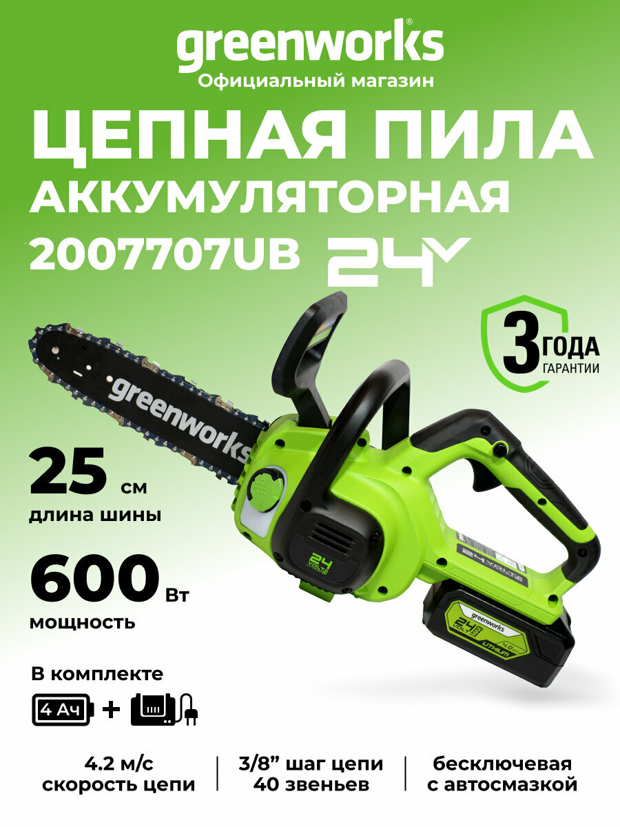 Цепная пила аккумуляторная Greenworks 24V, 25см, АКБ 4Ач и ЗУ