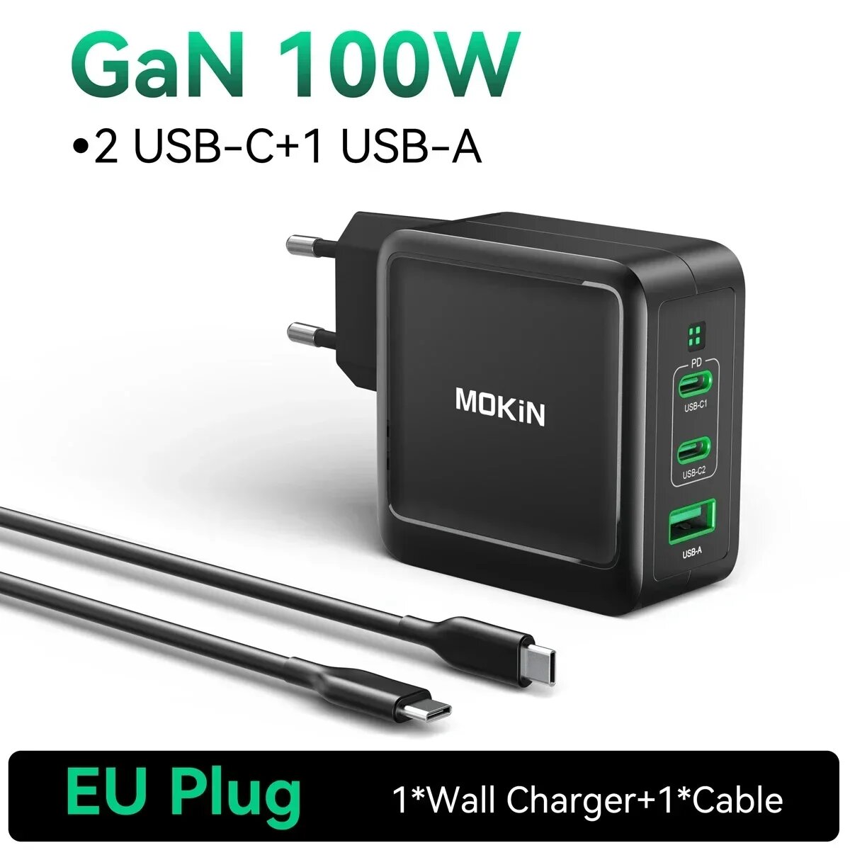 MOKiN Зарядное устройство GaN 100 Вт, 3 порта Type-C PD, настенное зарядное устройство для ЕС
