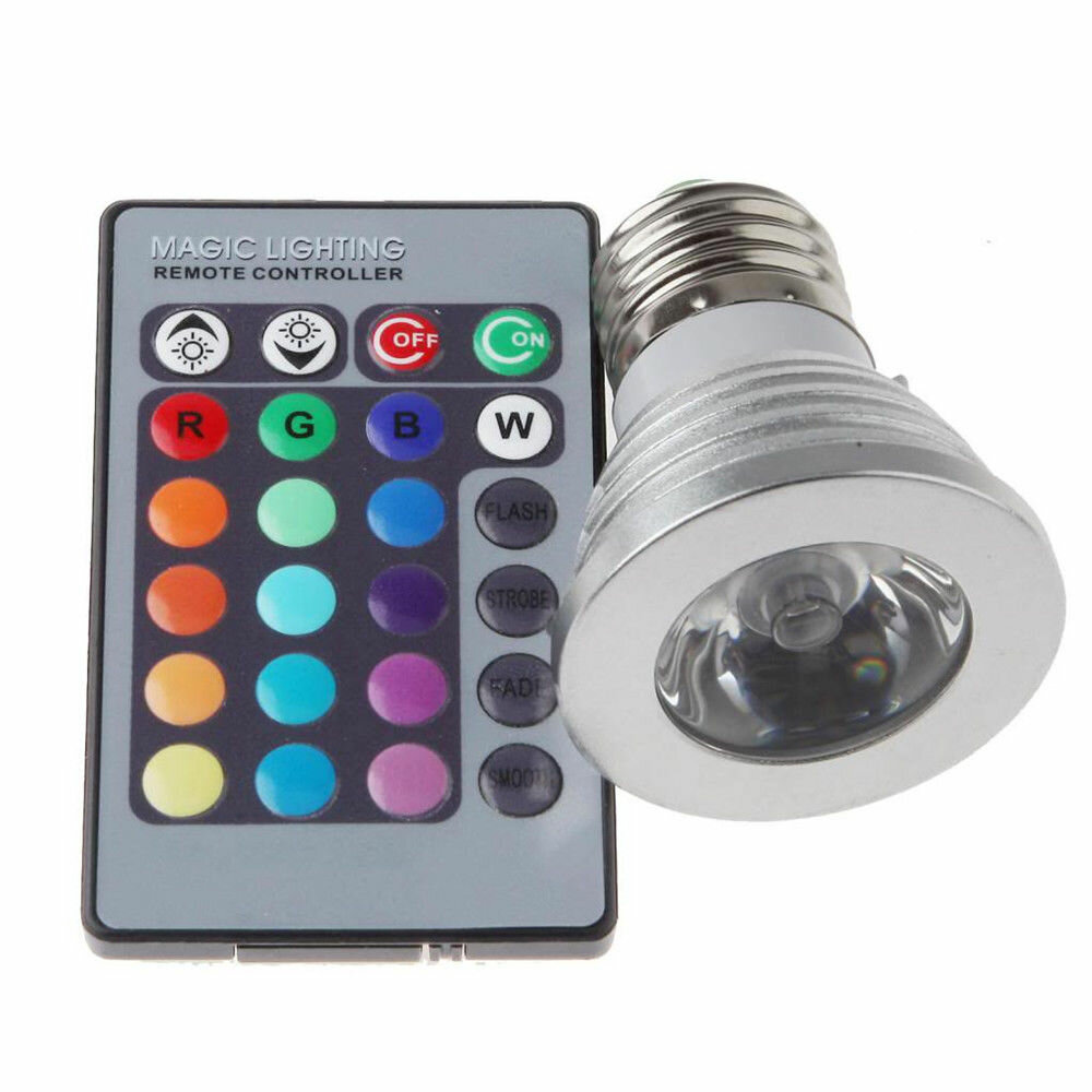 Светодиодная прожекторная лампа E27 3В RGB с ИК пультом управления, 85-265В, 300 лм, 50000 часов, алюминий, серебристый цвет, 16 цветов, к 2700-6500К, угол облучения 30°, COB, CRI>80, сертификаты CE, CQC, EMC, FCC, LVD, Reach, RoHS, SASO