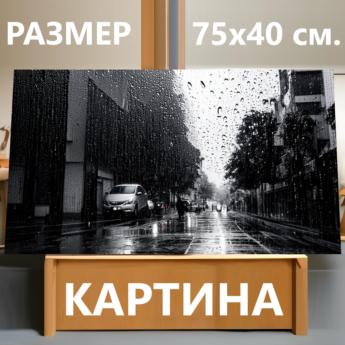Картина на холсте "Дождь в черно-белом стиле" на подрамнике 75х40 см. для интерьера