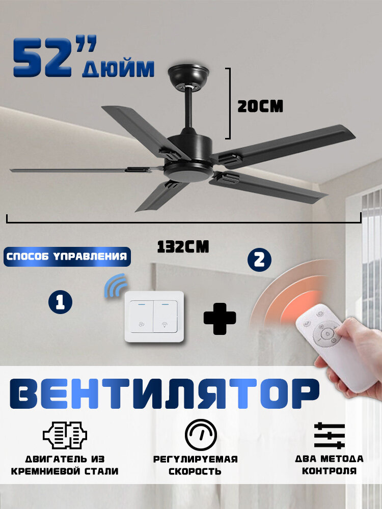 HOMELINK Потолочный вентилятор ZY1922, черный матовый, черно-серый