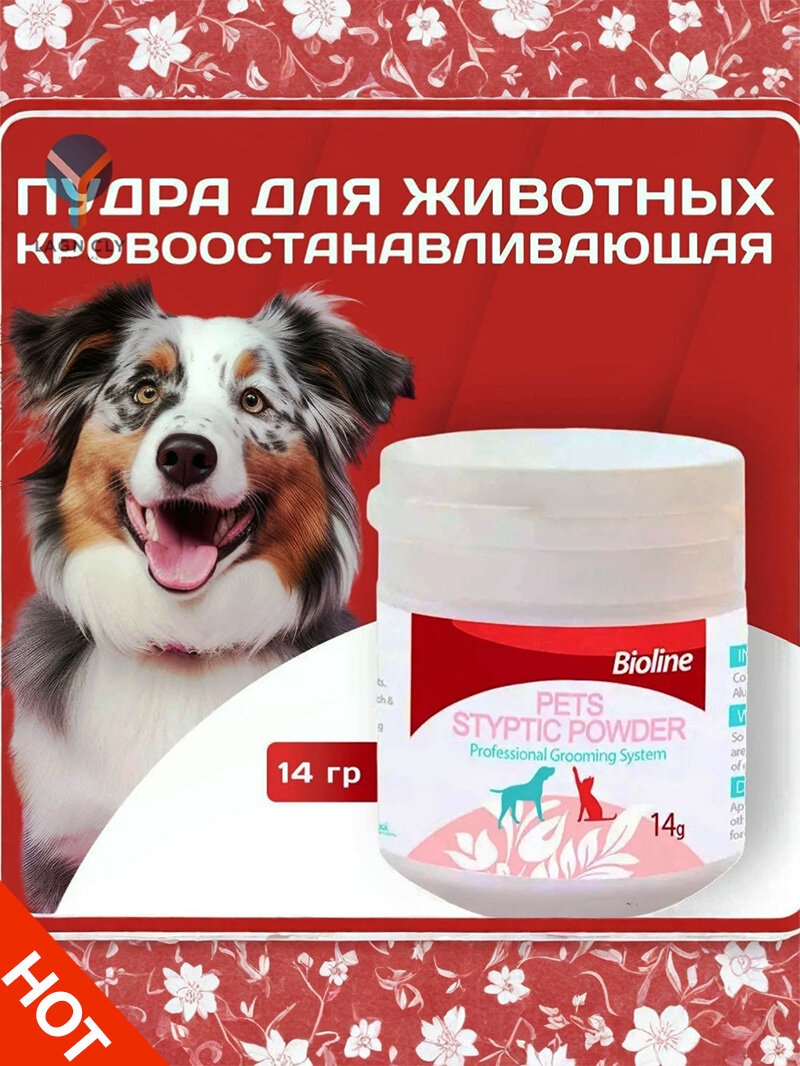 Кровоостанавливающее средство Bioline для собак и кошек при подстригании когтей и мелких порезах, пудра с бентонитами