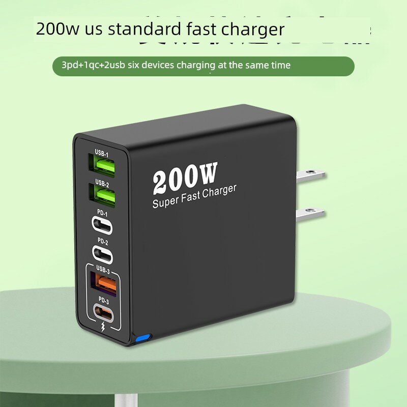 200W USB-C PD адаптер для быстрой зарядки с 3 USB-C и 3 USB-A портами, розетка типа US для Китая и Тайваня