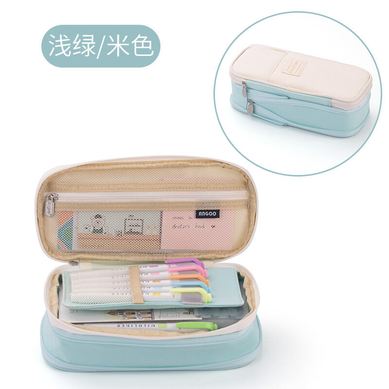 Большой пенал в японском и корейском стиле для школьников начальных и средних классов, макаронные цветовые сочетания, трансформируемый в усовершенствованный пенал-органайзер, светло-зеленый/бежевый, Ultimate