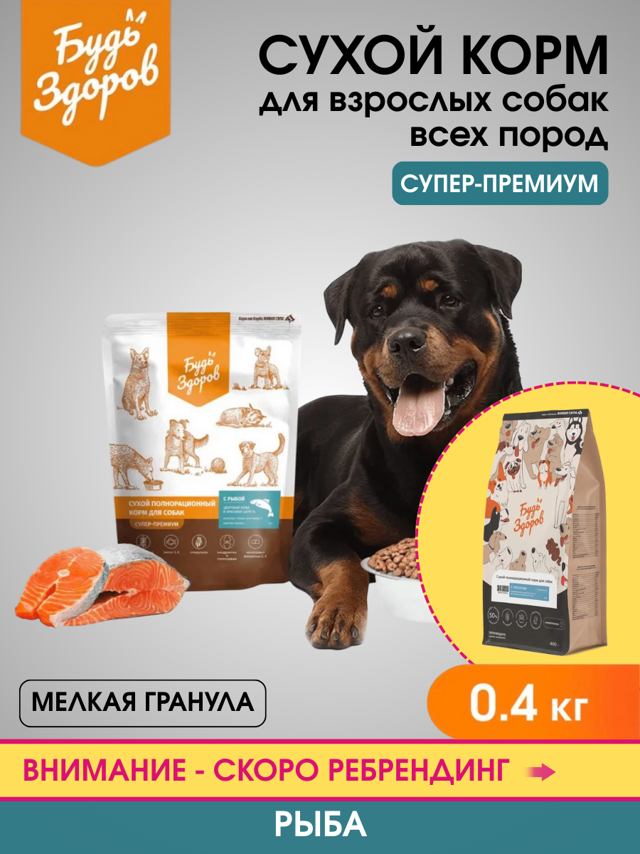 Сухой полнорационный корм Будь Здоров Живая Сила для взрослых собак с рыбой, мелкая гранула 0.4 кг