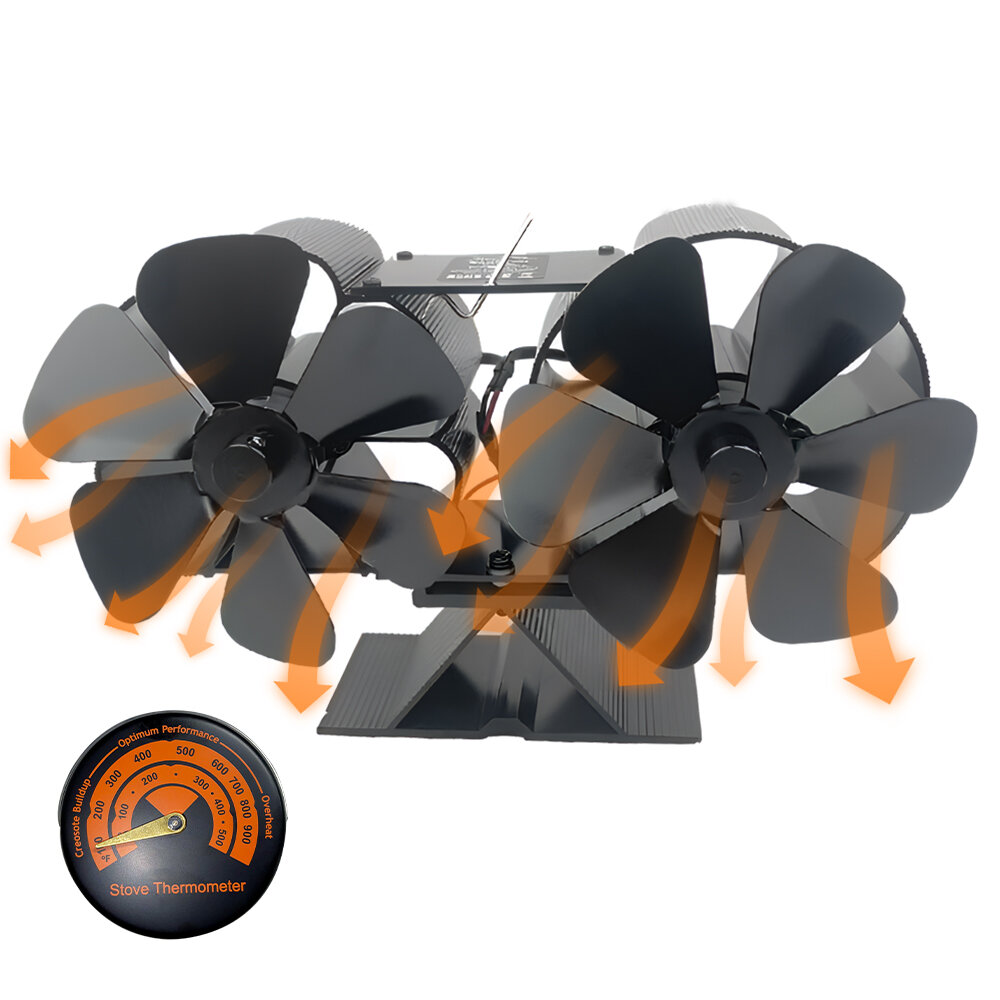 Вентилятор для дровяной печи термодвигательный с двумя бесшумными моторами 6 лопастей неэлектрический активируемый теплом с кронштейном и магнитным термометром для дровяной печи / камина, размер 141x110мм, материал алюминиевый сплав, шум ≤25дБ, объем