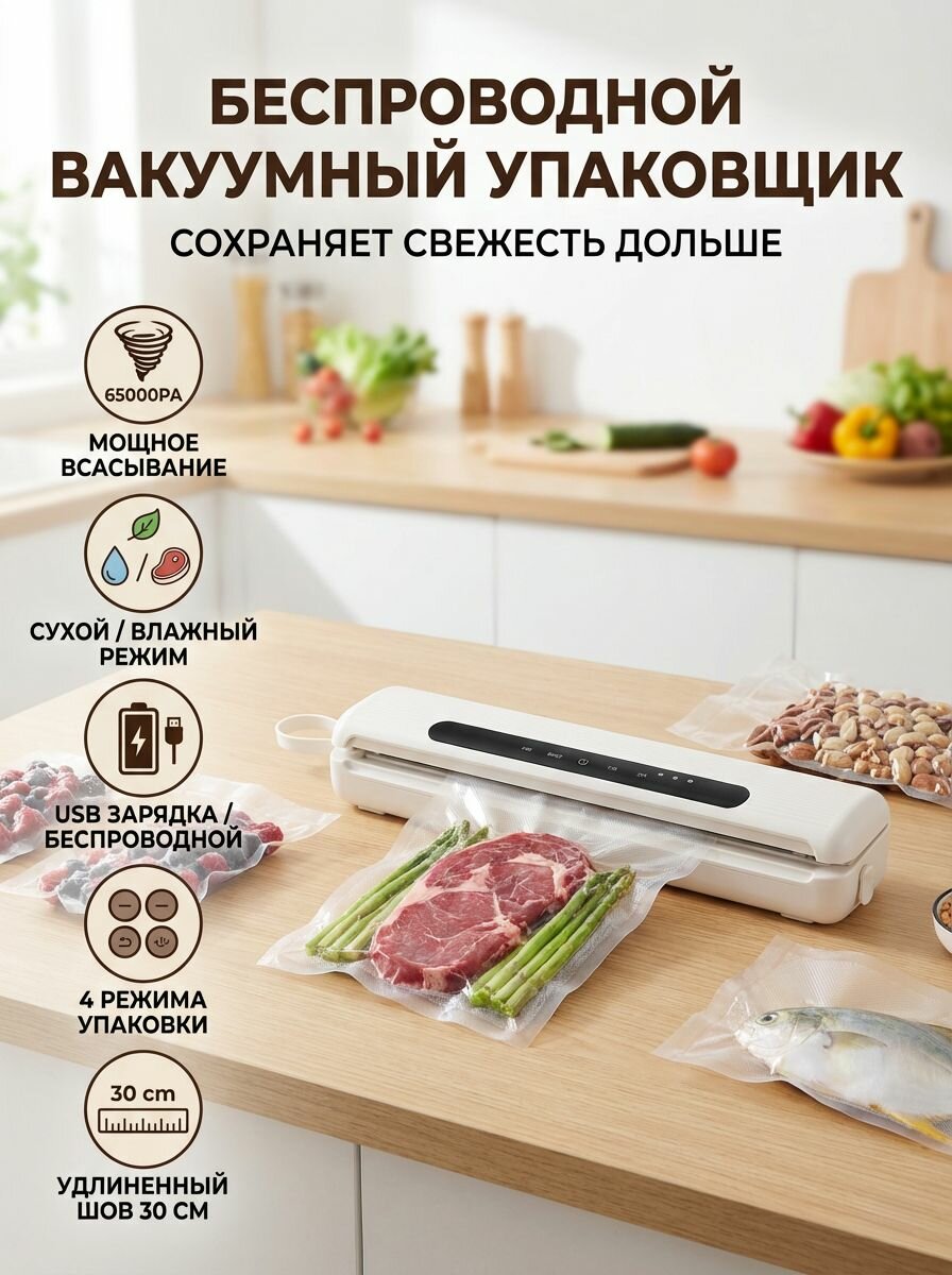 Заряжаемый вакуумный упаковщик для еды, Компактный, Автоматический, Герметизация продуктов