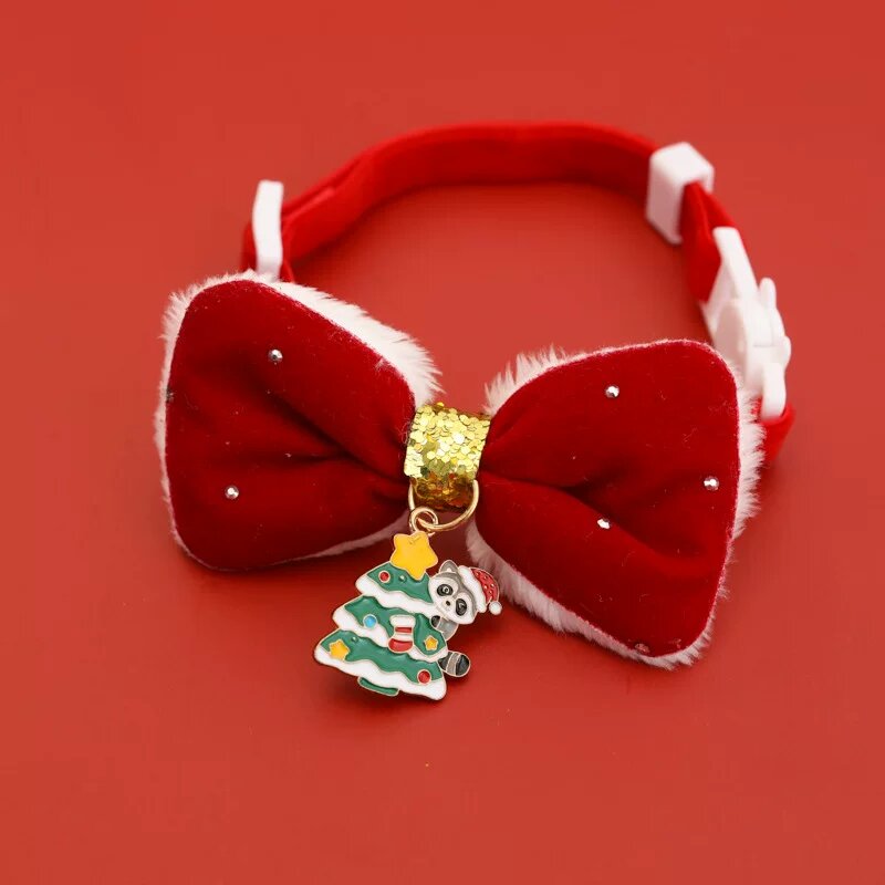 Ошейник с рождественской елкой для кошек и собак, мягкий флисовый бантик, красный, размер M (30-48 см)