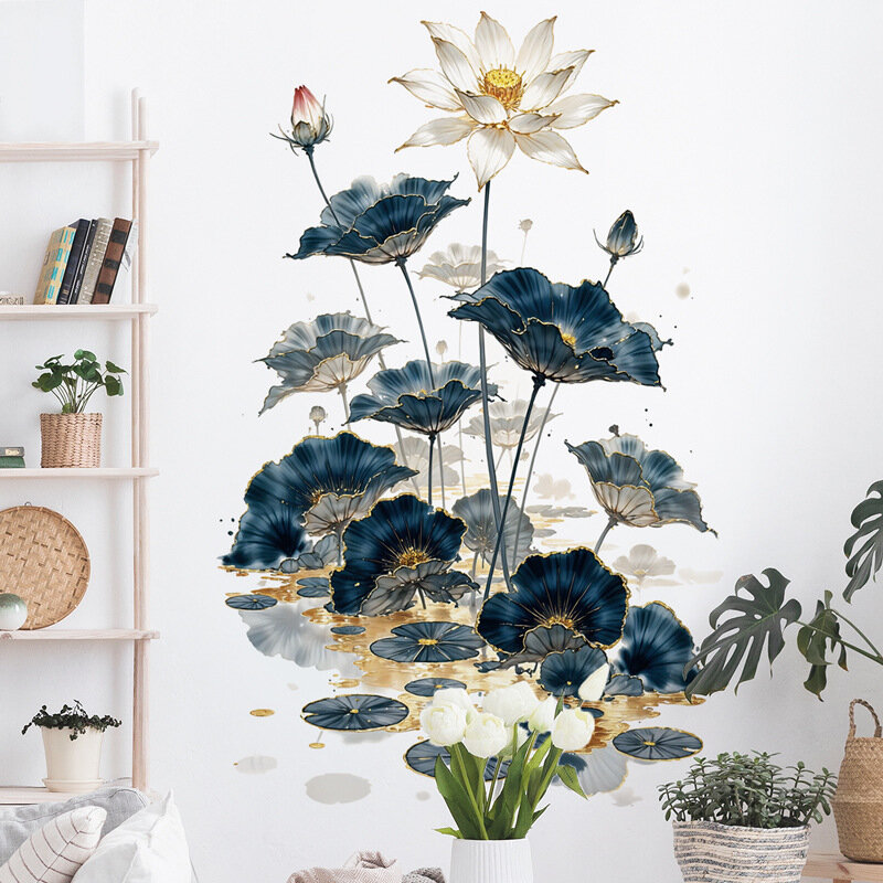 Китайский стиль, фон с лотосом, наклейки для украшения стен, спальня, диван, фон, съемные наклейки на стену, оптовая