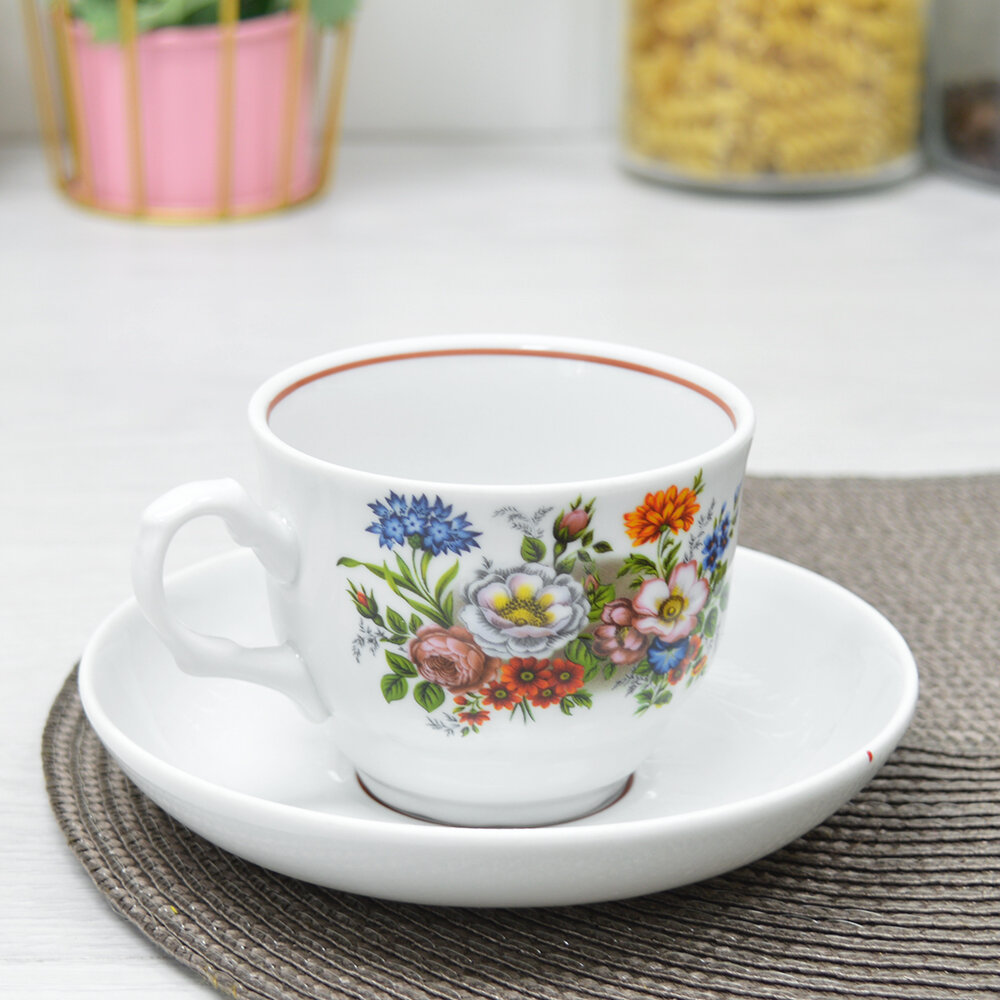 Чайная пара 250мл форма Тюльпан Букет цветов