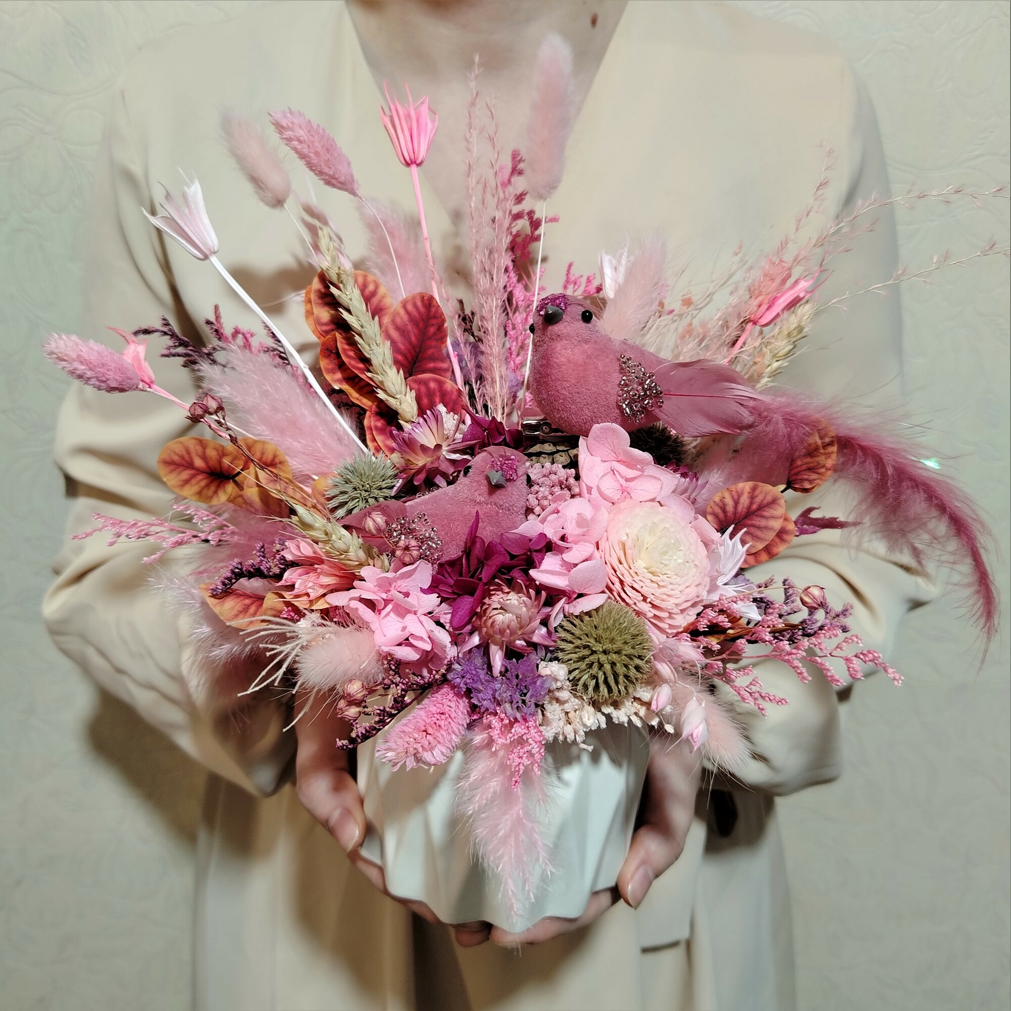 Композиция Floral Accord "Розовые птицы", гипс, розово-белая, 20x20 см