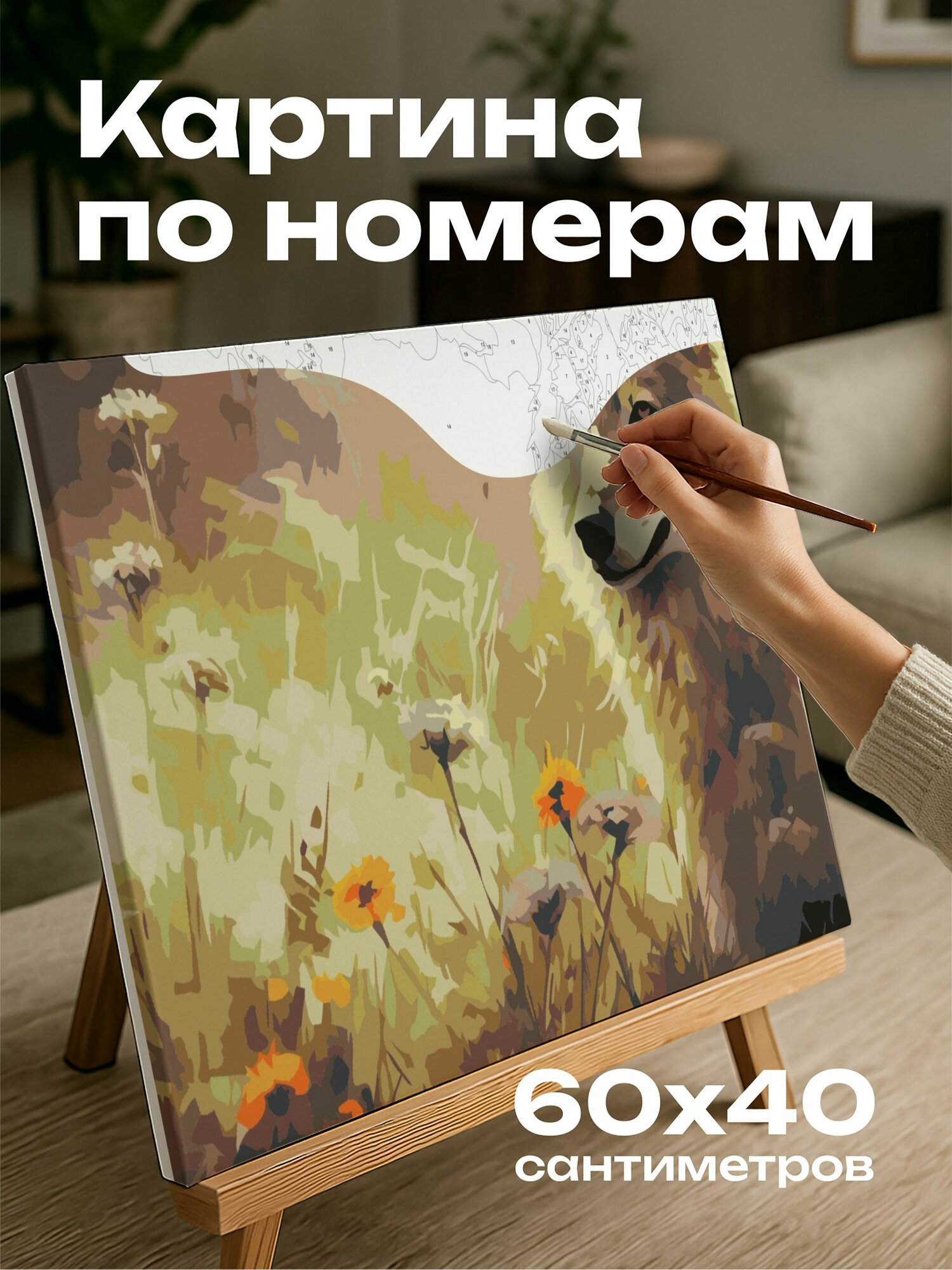 Картина по номерам 60x40 см, волк, луг, солнце, золотистые оттенки, теплые тона, покой, гармония, реализм, масло