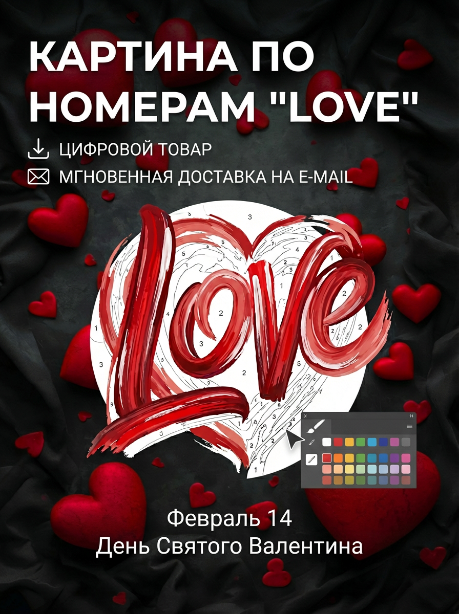Картина по номерам "Love" Подарок на 14 февраля своими руками Электронный шаблон для рисования