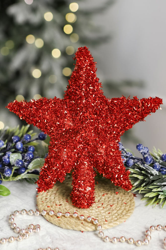 Верхушка на елку Звезда кориандоли, пластик, мишура, красный, 20 см, Koopman International AWR400920
