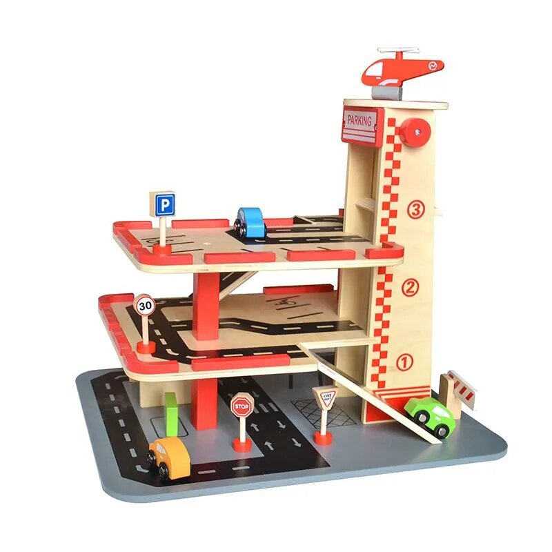 Деревянный игровой набор для парковки автомобилей с вертолетной площадкой и машинками
