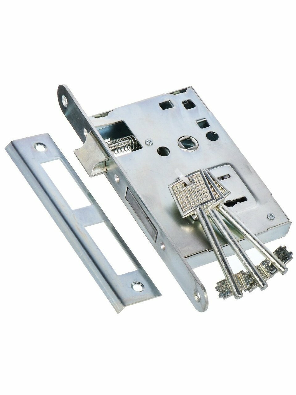 Замок врезной Птимаш ЗВ9-4 (ЗВ9) 11 541, сувальдный, универсальный, хром, межосевое расстояние 55 мм, 3 ключа в комплекте