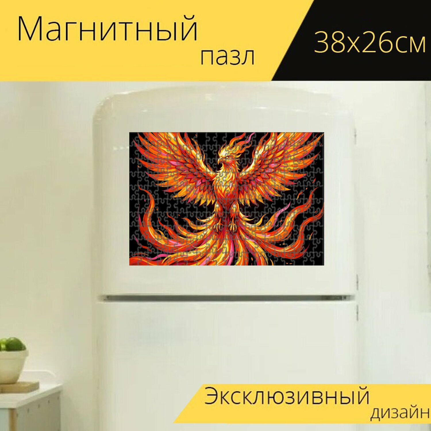 Магнитный пазл "Огненная птица с расправленными крыльями. Яркий мифический феникс в полёте, выполненный в динамичной неоновой живописи. Пламенные перья." для интерьера, 38х26 см.