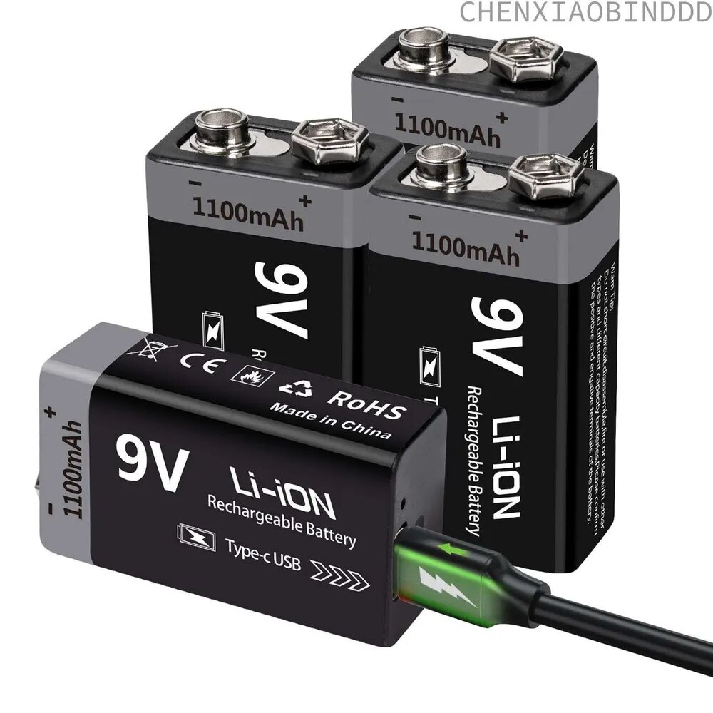 Регулируемый 9-вольтный литий-ионный аккумулятор емкостью 1100 мАч, модель 6F22, поддерживающий повторное заряжение по USB, оснащенный кабелем с разъемом Type-C.